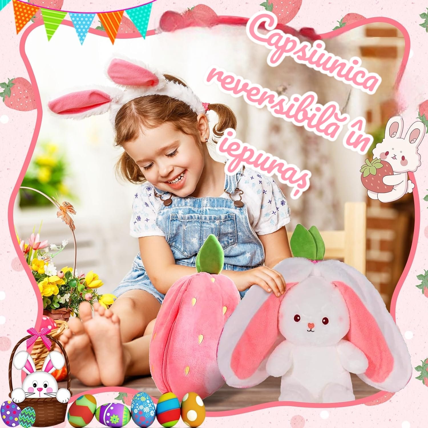 Jucarie de plus Malvys®, Iepurasul Capsunica, Roz/Alb, 35 cm - eMAG.ro