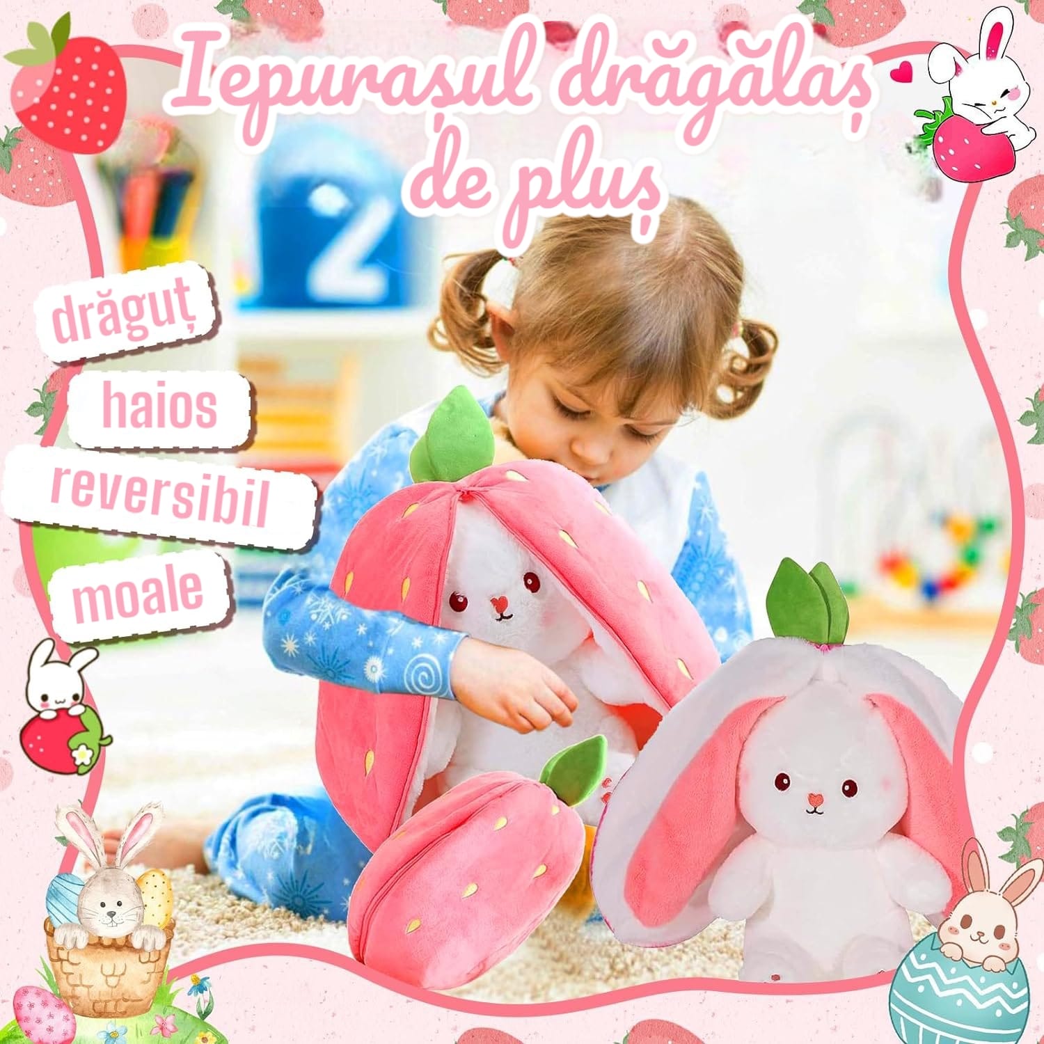 Jucarie de plus Malvys®, Iepurasul Capsunica, Roz/Alb, 45 cm - eMAG.ro