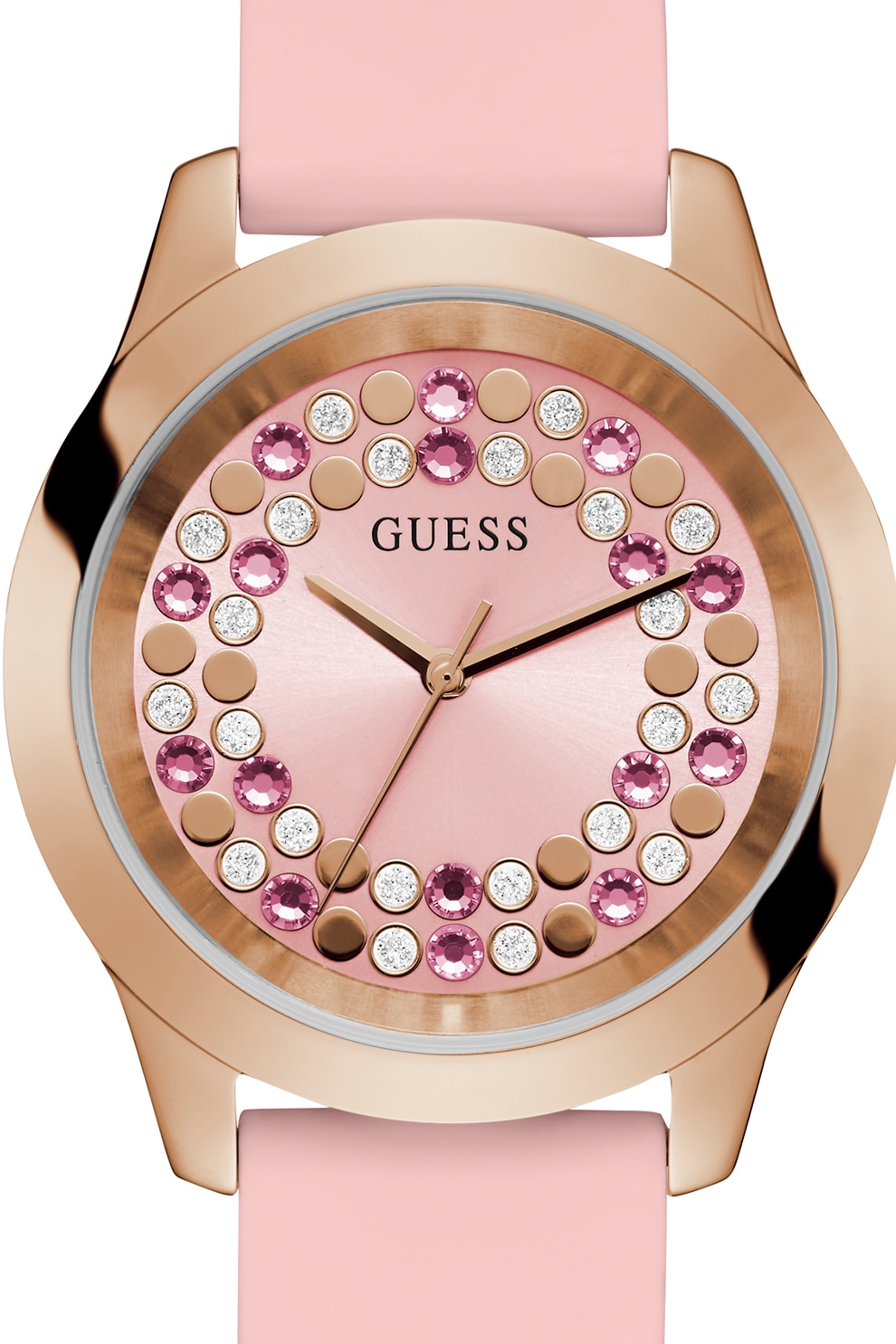 Guess, Ceas cu o curea de silicon si cristale, Auriu rose, Roz - eMAG.ro
