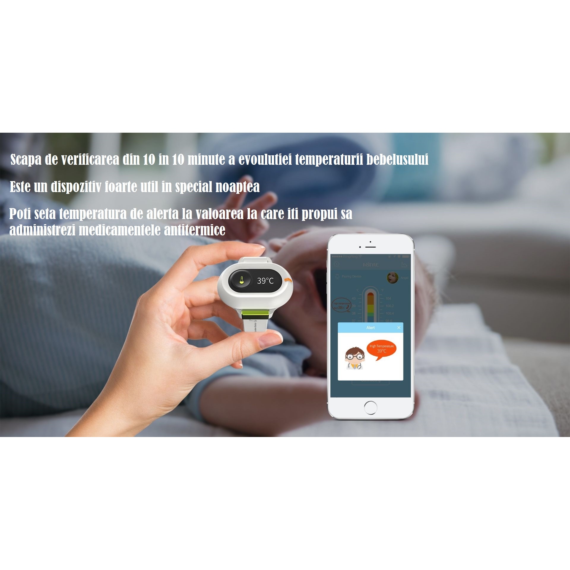 Termometru inteligent pentru bebelusi, monitorizare febra, alerta ...