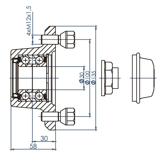 Butuc Roata Remorca cu 4 Prezoane M12x1.5 si Capac de Protectie ...
