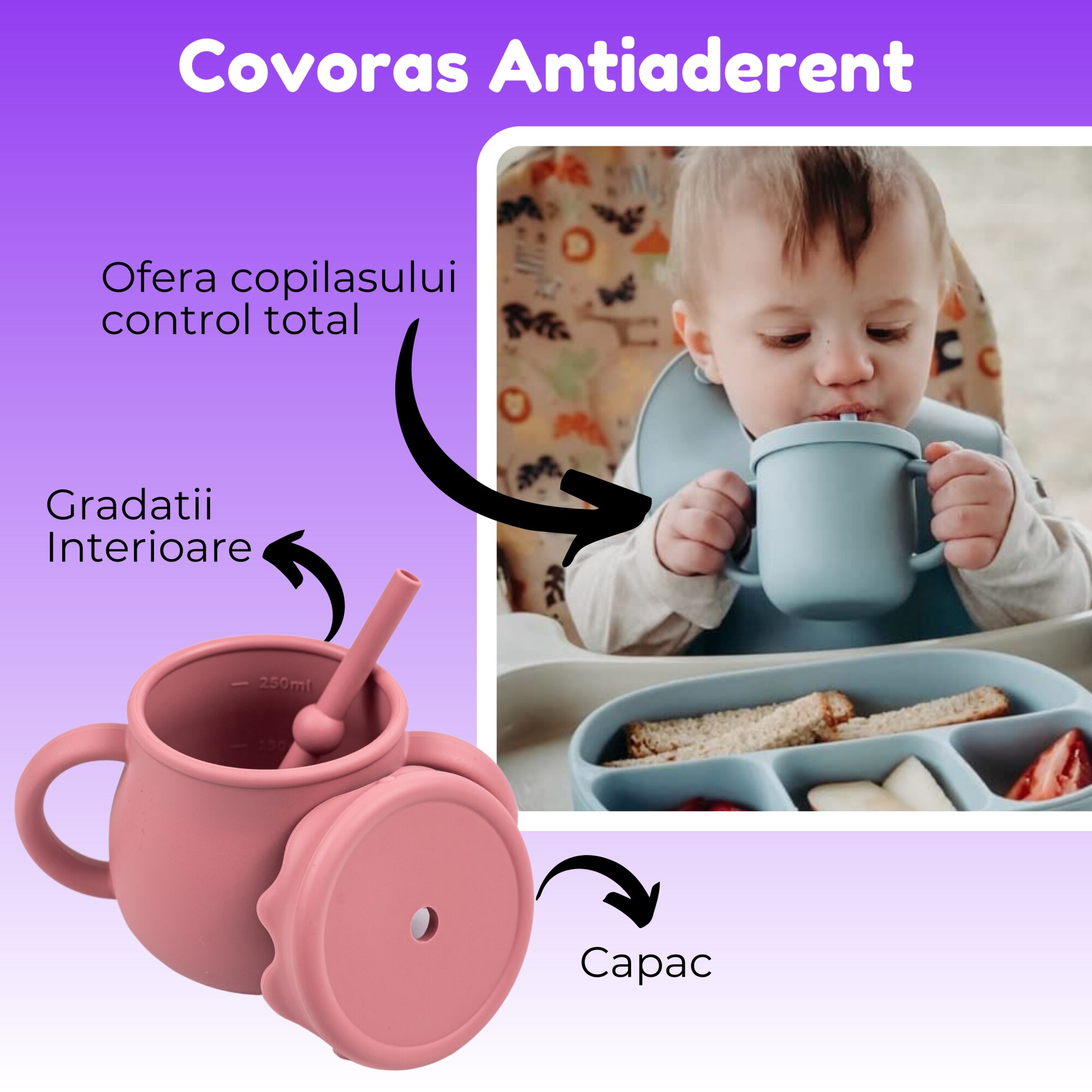 Set hranire bebe complet din silicon rainbow, Purpley, baveta, farfurie compartimentata, bol cu ...