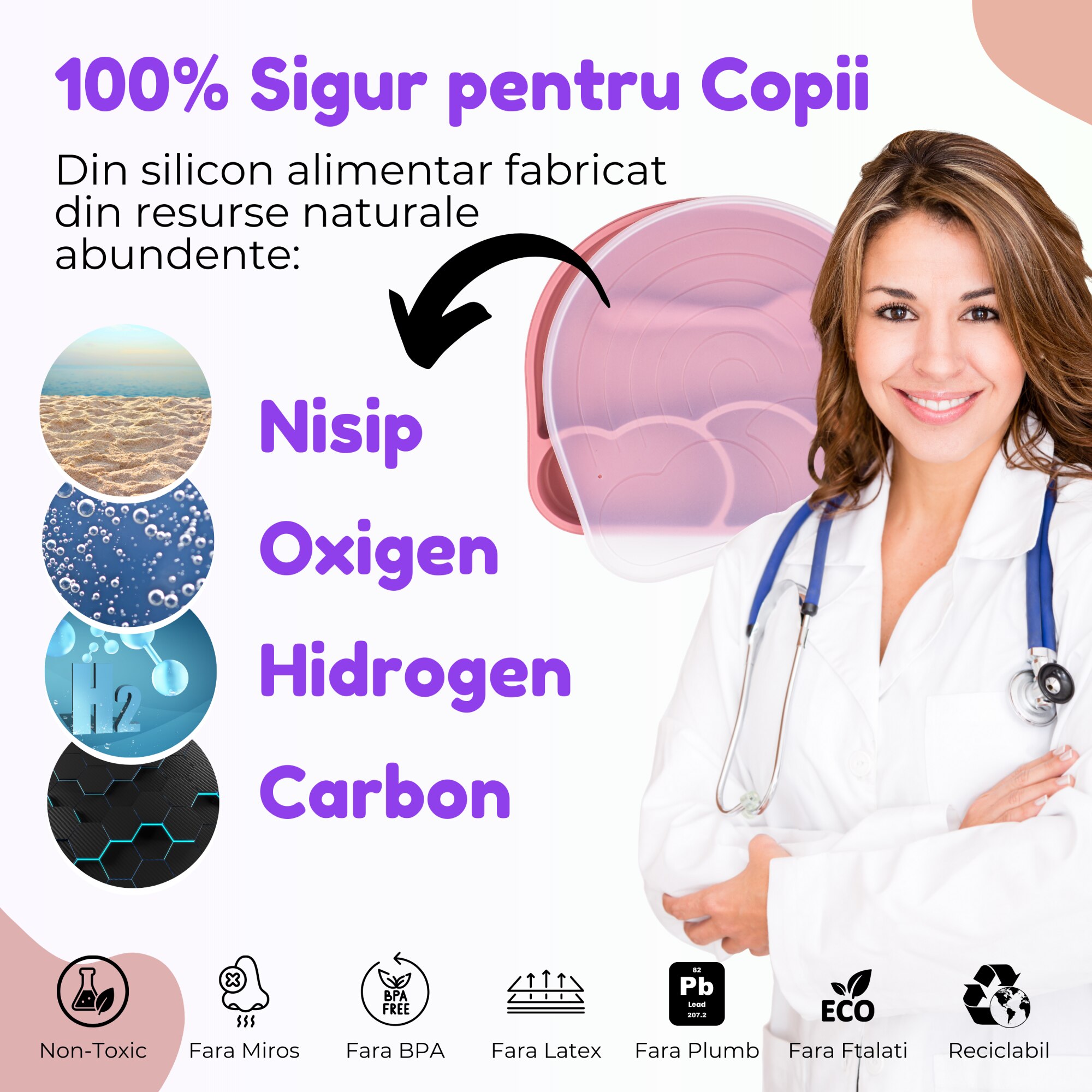 Set hranire bebe complet din silicon rainbow, Purpley, baveta, farfurie compartimentata, bol cu ...