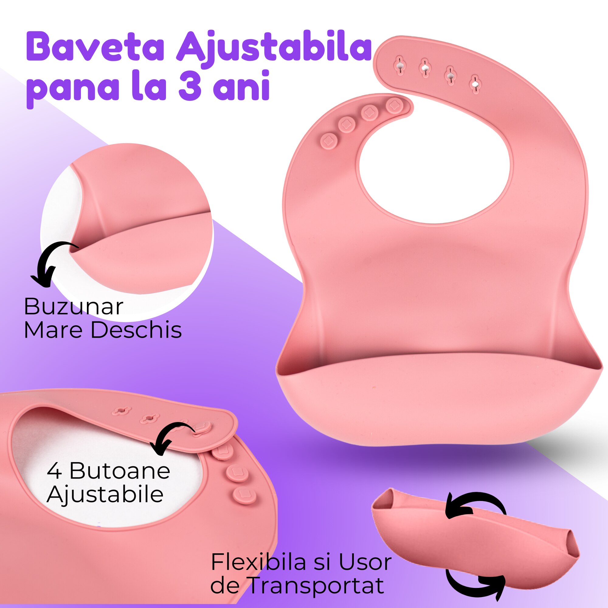 Set hranire bebe complet din silicon rainbow, Purpley, baveta, farfurie compartimentata, bol cu ...