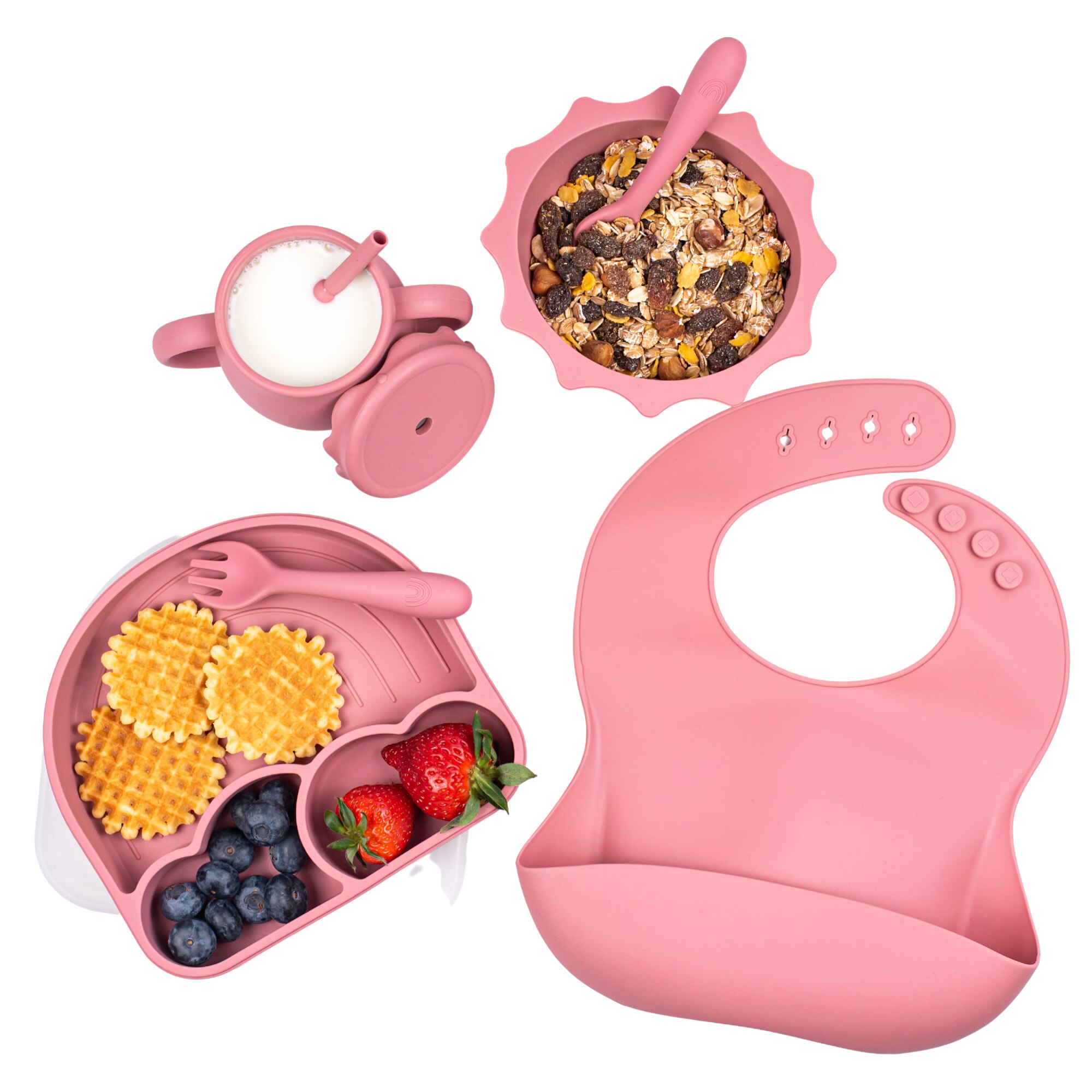 Set hranire bebe complet din silicon rainbow, Purpley, baveta, farfurie compartimentata, bol cu ...