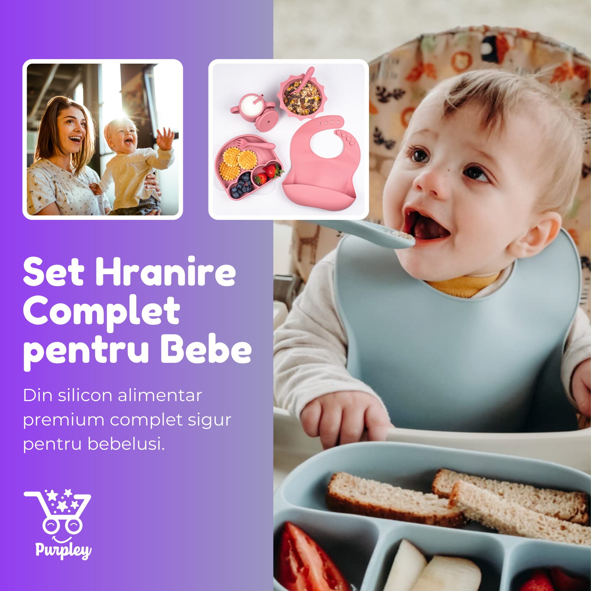 Set hranire bebe complet din silicon rainbow, Purpley, baveta, farfurie compartimentata, bol cu ...