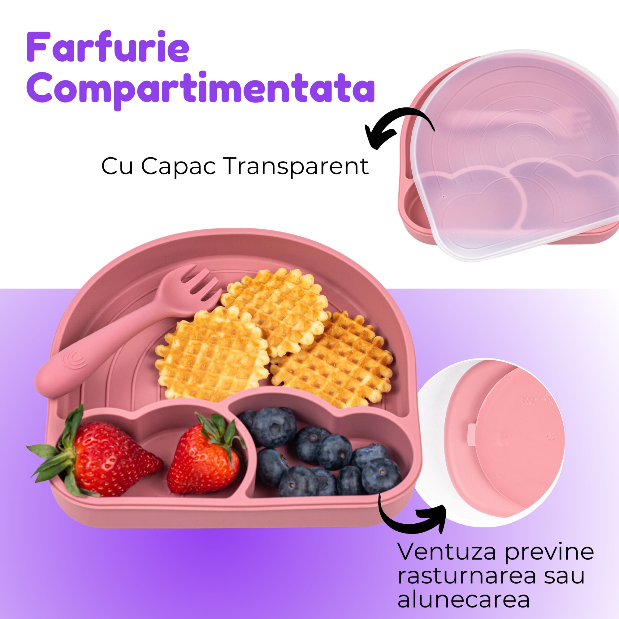 Set hranire bebe complet din silicon rainbow, Purpley, baveta, farfurie compartimentata, bol cu ...