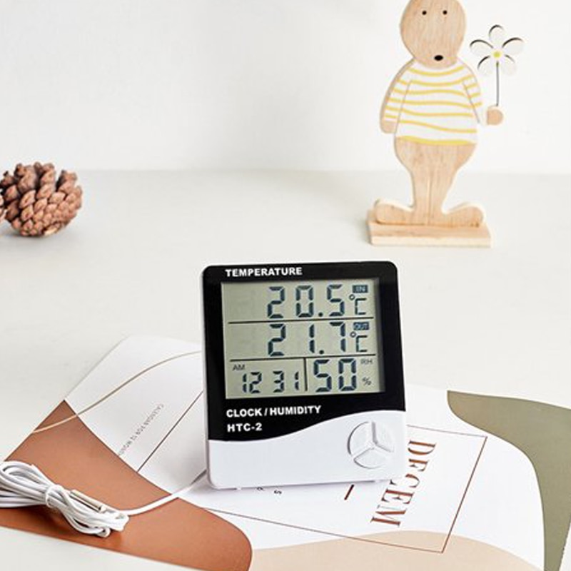Termometru si Higrometru cu Senzor Exterior HTC-2, Baterie Inclusa, Alb ...