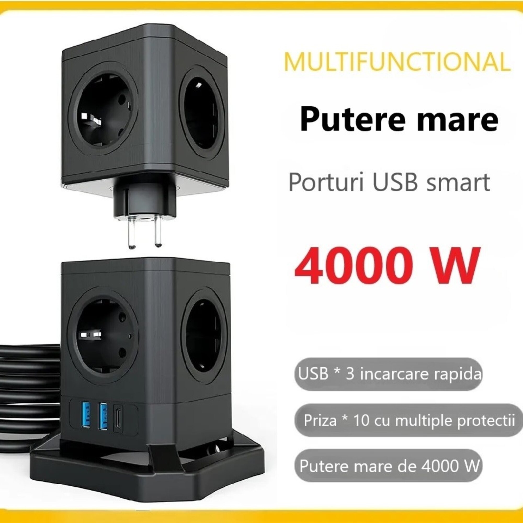 Prelungitor tip turn detasabil de 4000W/16A, 10 prize, 2 porturi USB-A ...