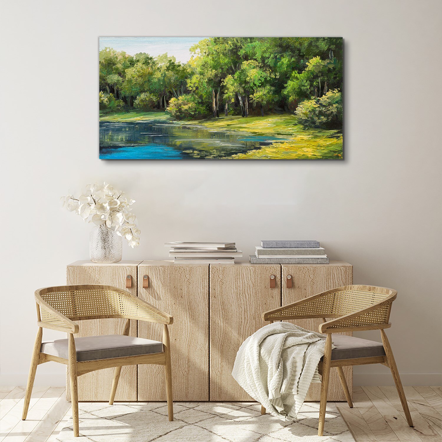 Tablou pe canvas, Coloray, Rama lemn, Pictura Copaci Padure Lac Tufe ...