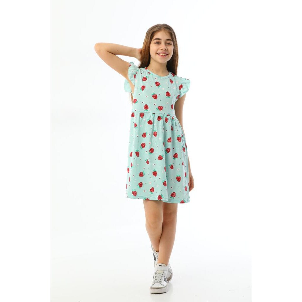 Rochie cu maneci scurte si imprimeu cu desene capsuni, Albastru deschis ...