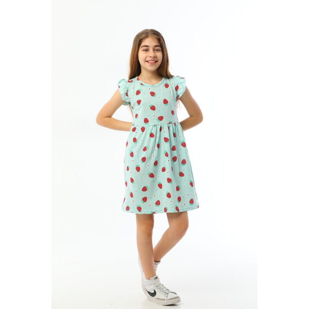 Rochie cu maneci scurte si imprimeu cu desene capsuni, Albastru deschis ...