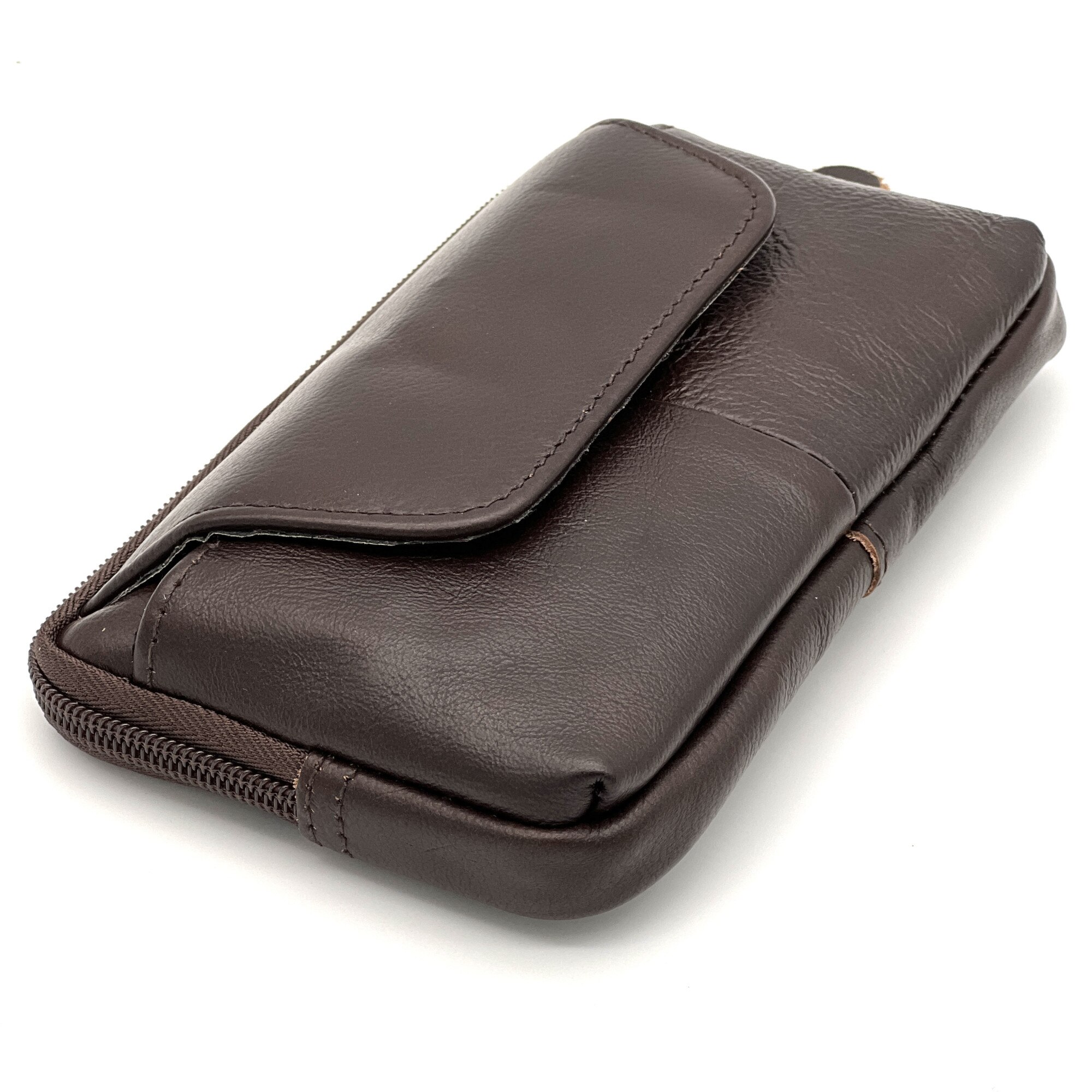 Toc pentru telefon pana la 6.5'', Maro, Prindere Curea, Piele Naturala ...