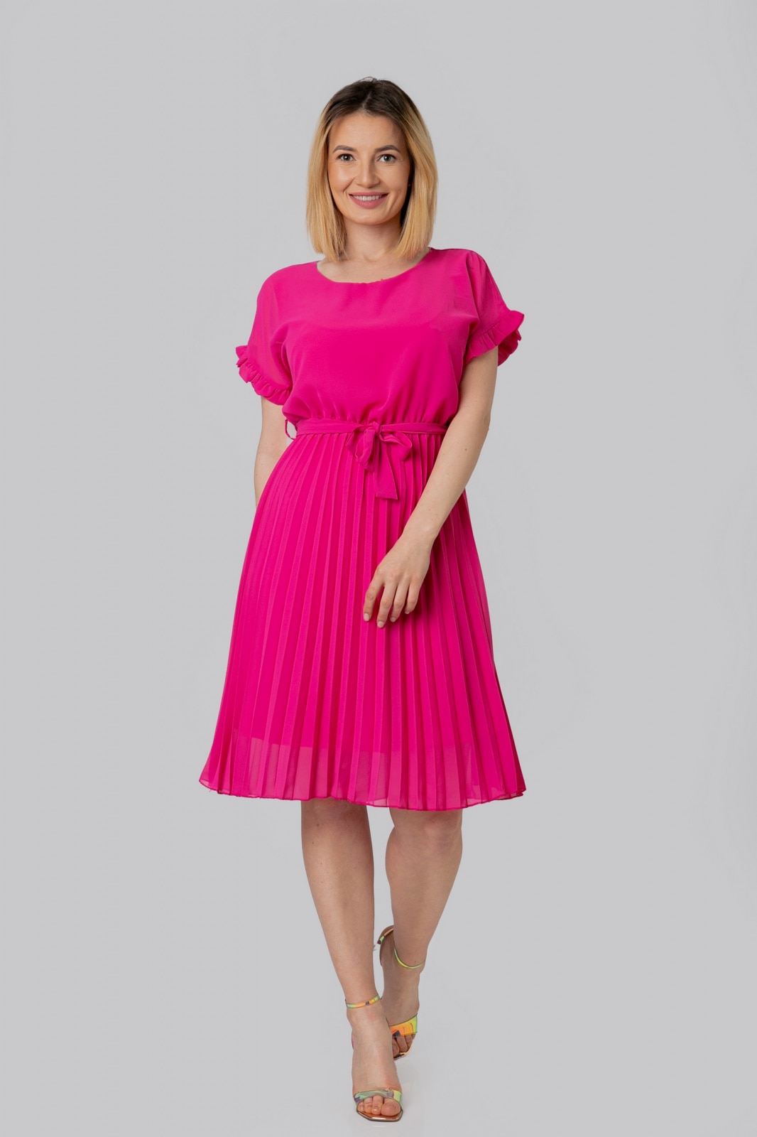 Rochie plisata ciclam cu cordon in talie, Viscoza, One Size INTL - eMAG.ro