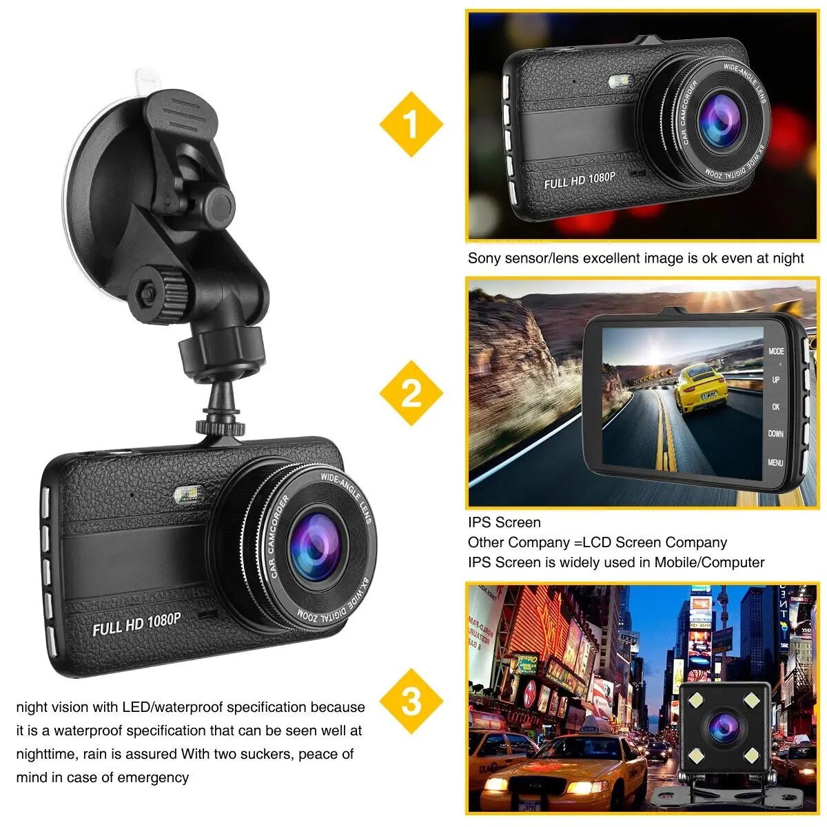 Camera auto dubla de bord Full HD 1080P, 2 Lentile, Unghi inregistrare ...