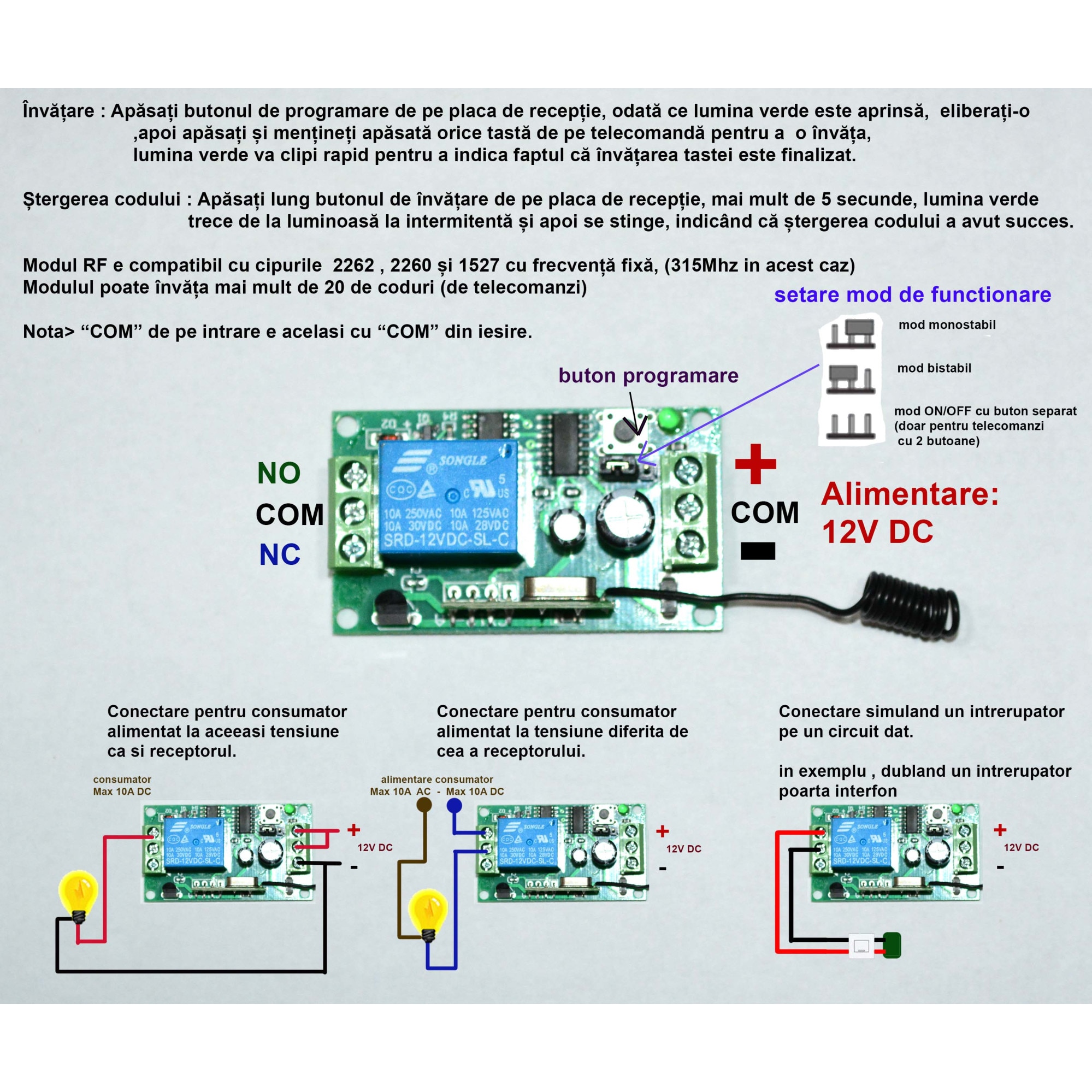 Intrerupator releu 12v DC cu telecomanda fara fir placa pe perete - eMAG.ro