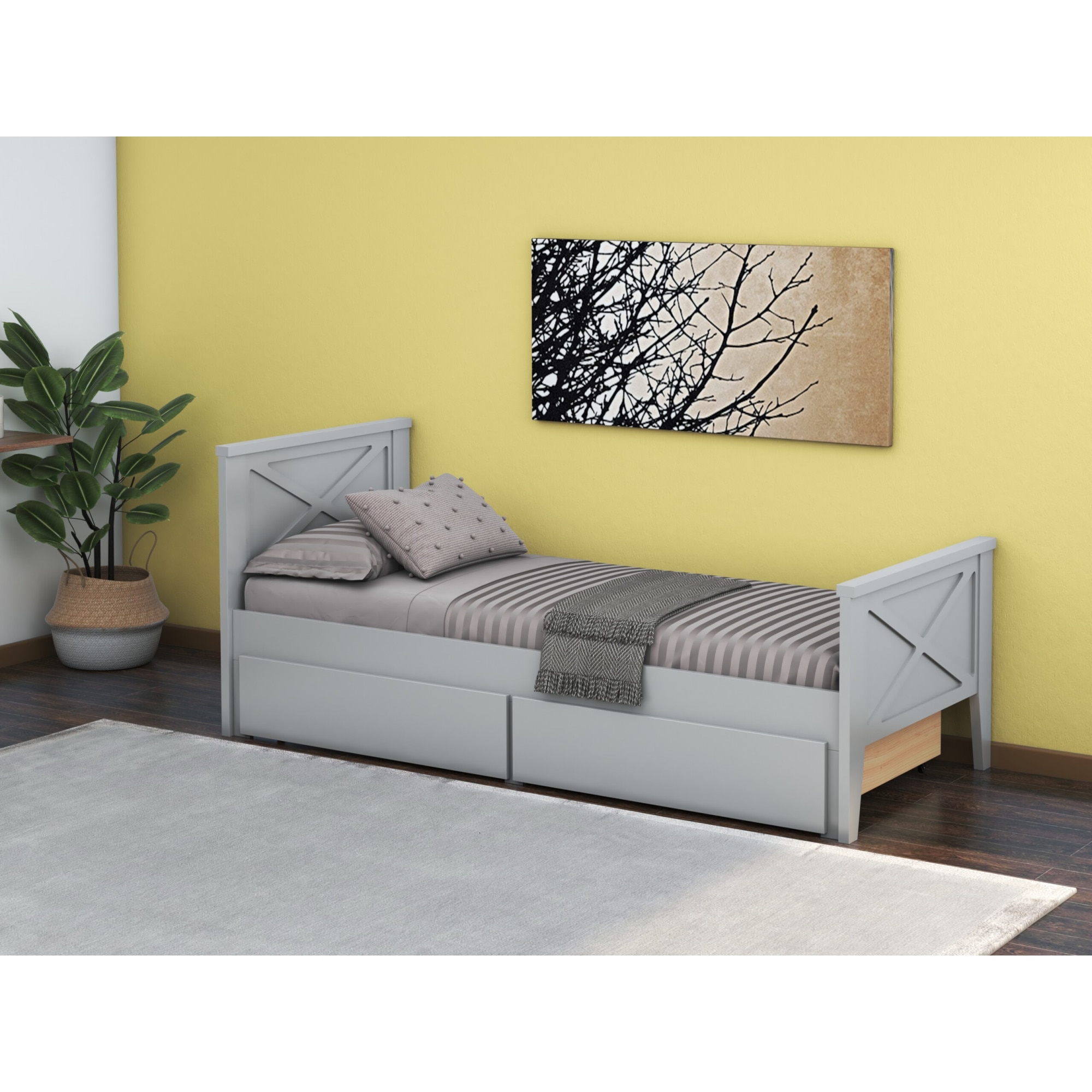 Pat Agata, 90x200 cm, cu sertare, MDF, lemn masiv Fag, Gri - eMAG.ro