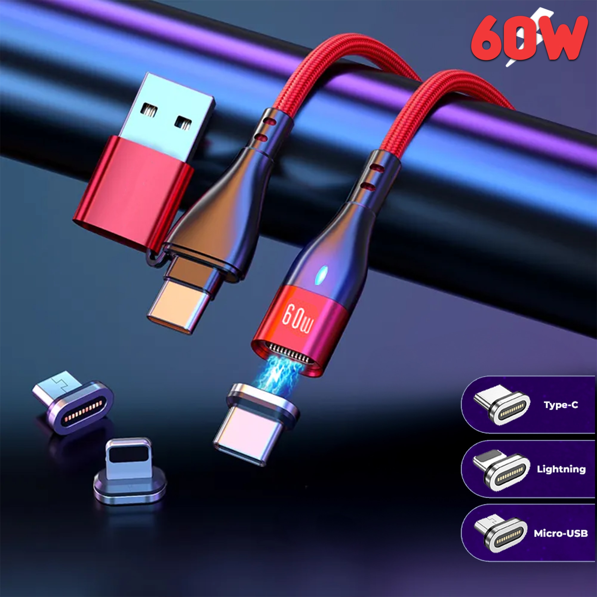 Cablu 6 in 1 Date si Incarcare Rapida, QC 3.0, 60W, 2m, USB, Type-C, Lightning Apple, Micro-USB ...