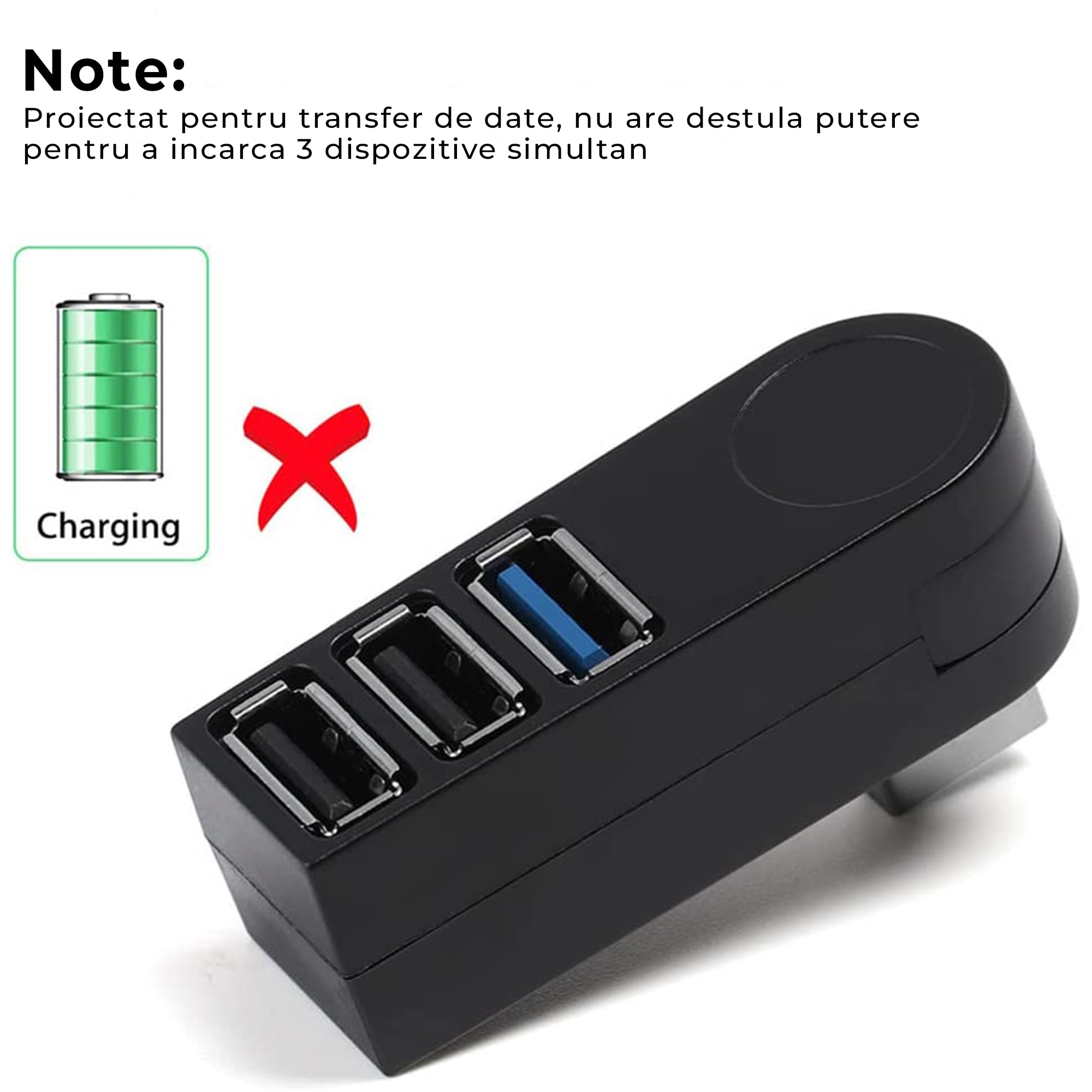 Hub USB extern 3 in 1, Rotativ 180 grade, Adaptor cu 3 porturi, USB 3.0 ...