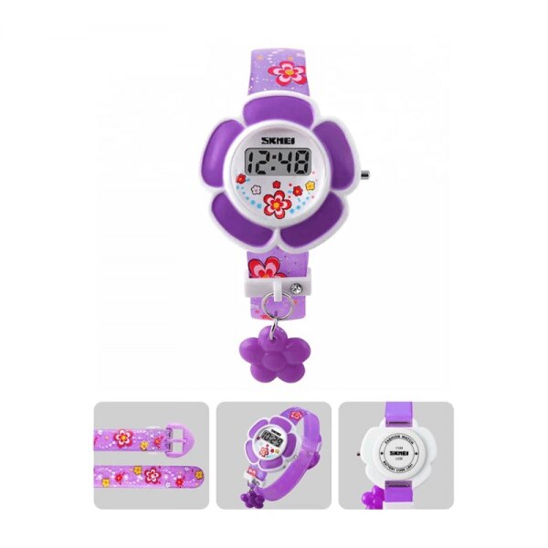 Ceas copii, cu data si calendar complet, in forma de floare, Skmei, mov ...