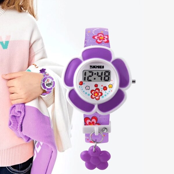 Ceas copii, cu data si calendar complet, in forma de floare, Skmei, mov ...