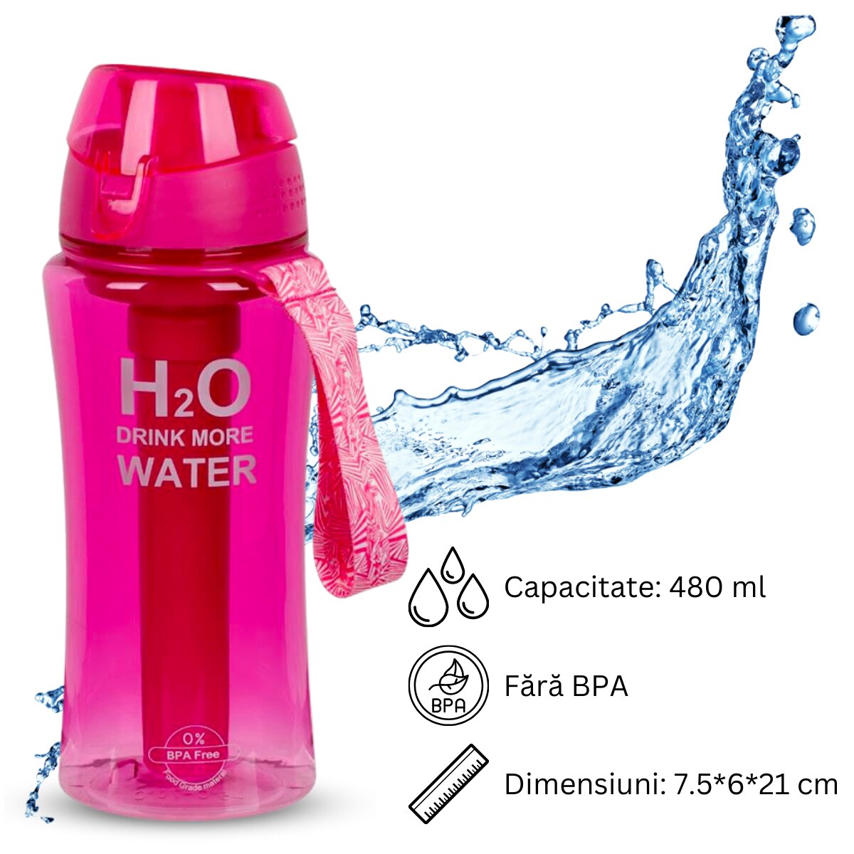 Sticla cu tub de gheata, pentru apa, Roz, 480 ml - eMAG.ro