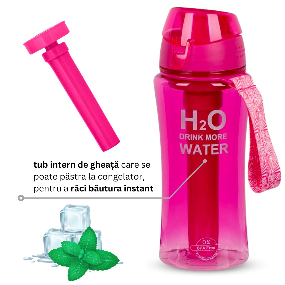 Sticla cu tub de gheata, pentru apa, Roz, 480 ml - eMAG.ro
