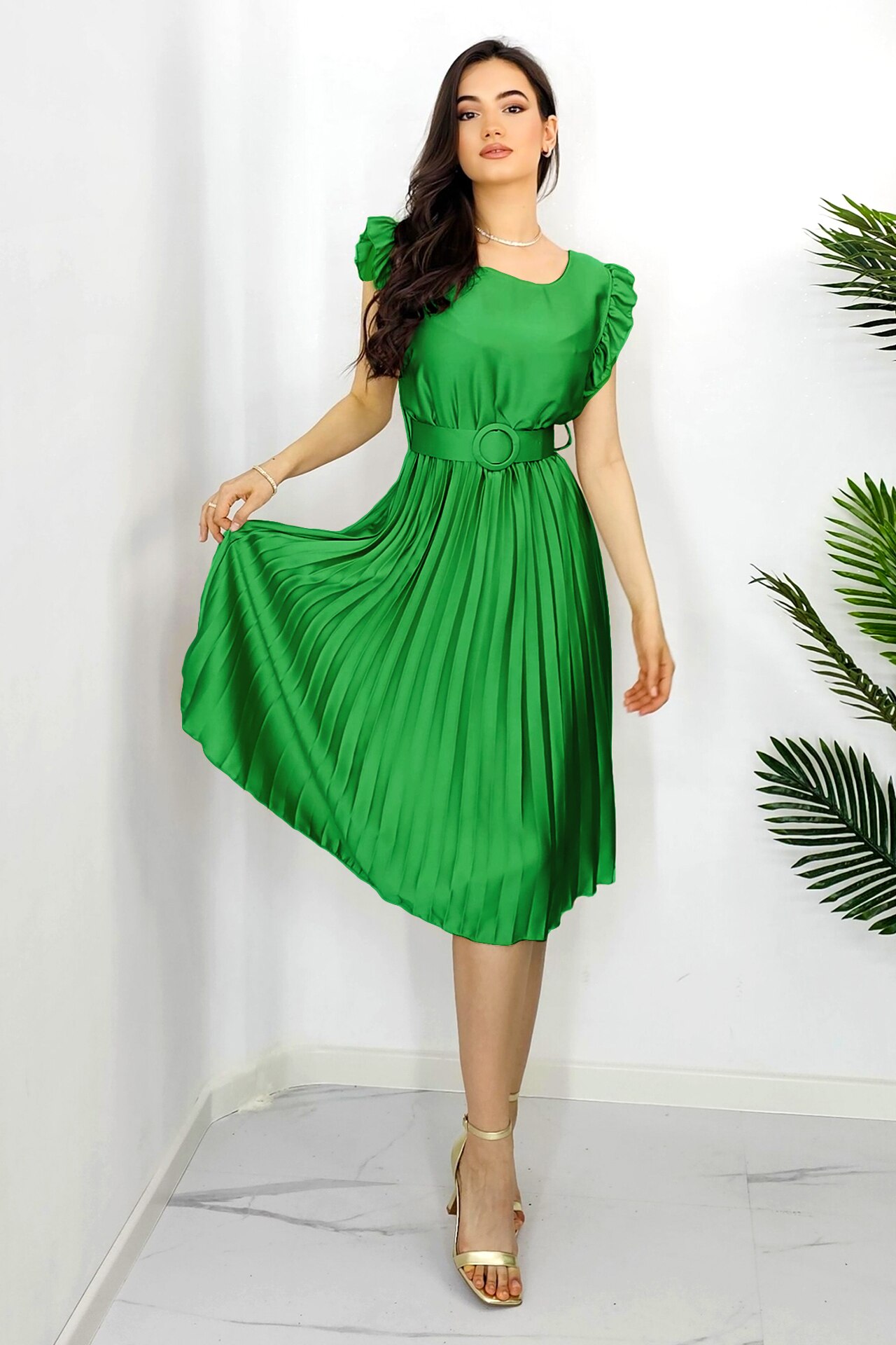 Rochie plisata midi, Elenor, cu volanase si curea asortata, Verde ...