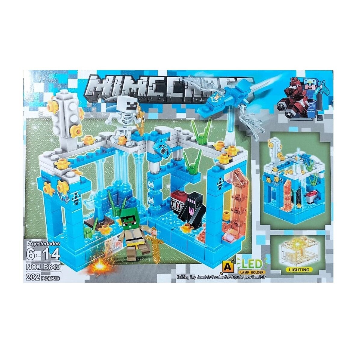 Minecraft építőkészlet, 4 játék 923 darabbal, LED világítással ...