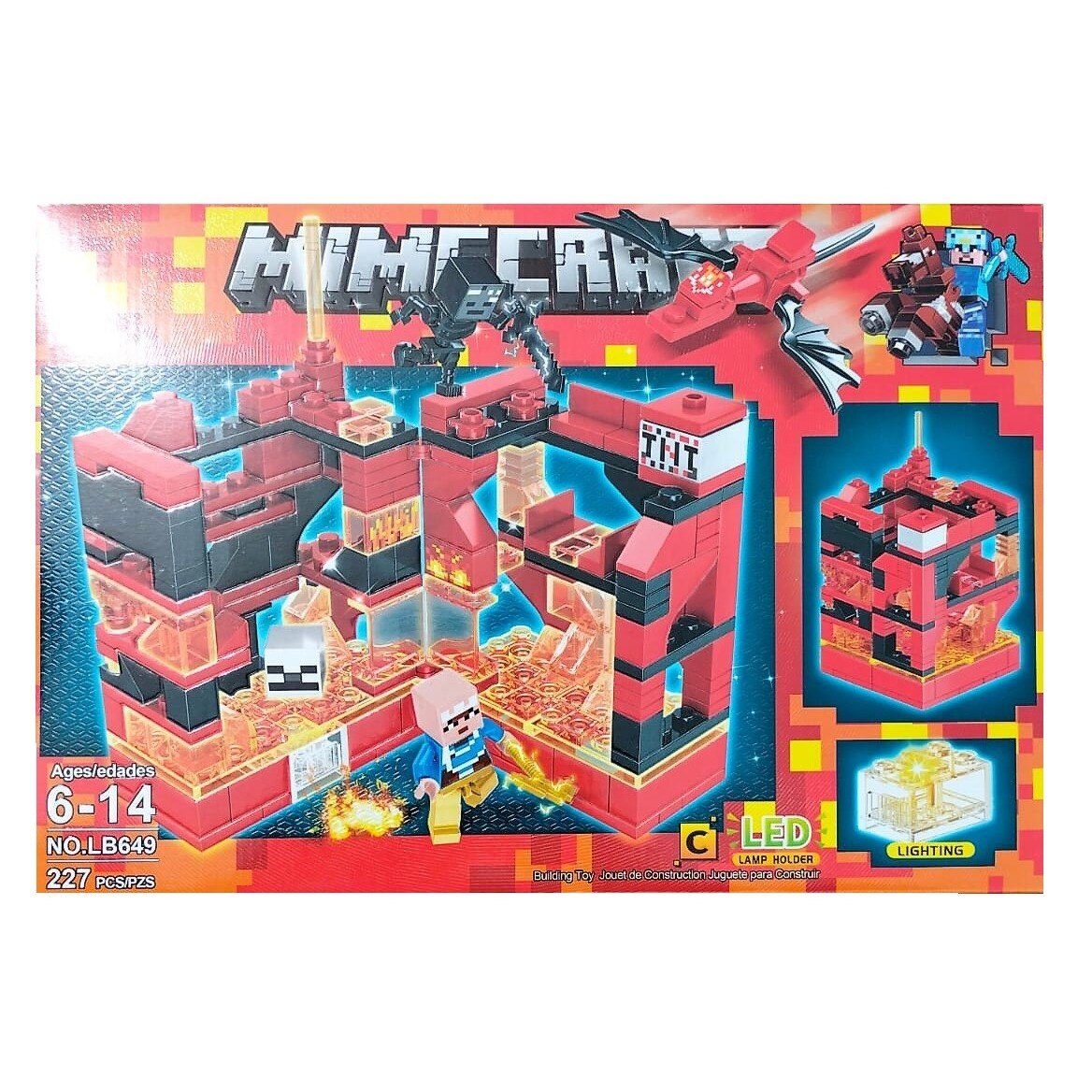 Minecraft építőkészlet, 4 játék 923 darabbal, LED világítással ...