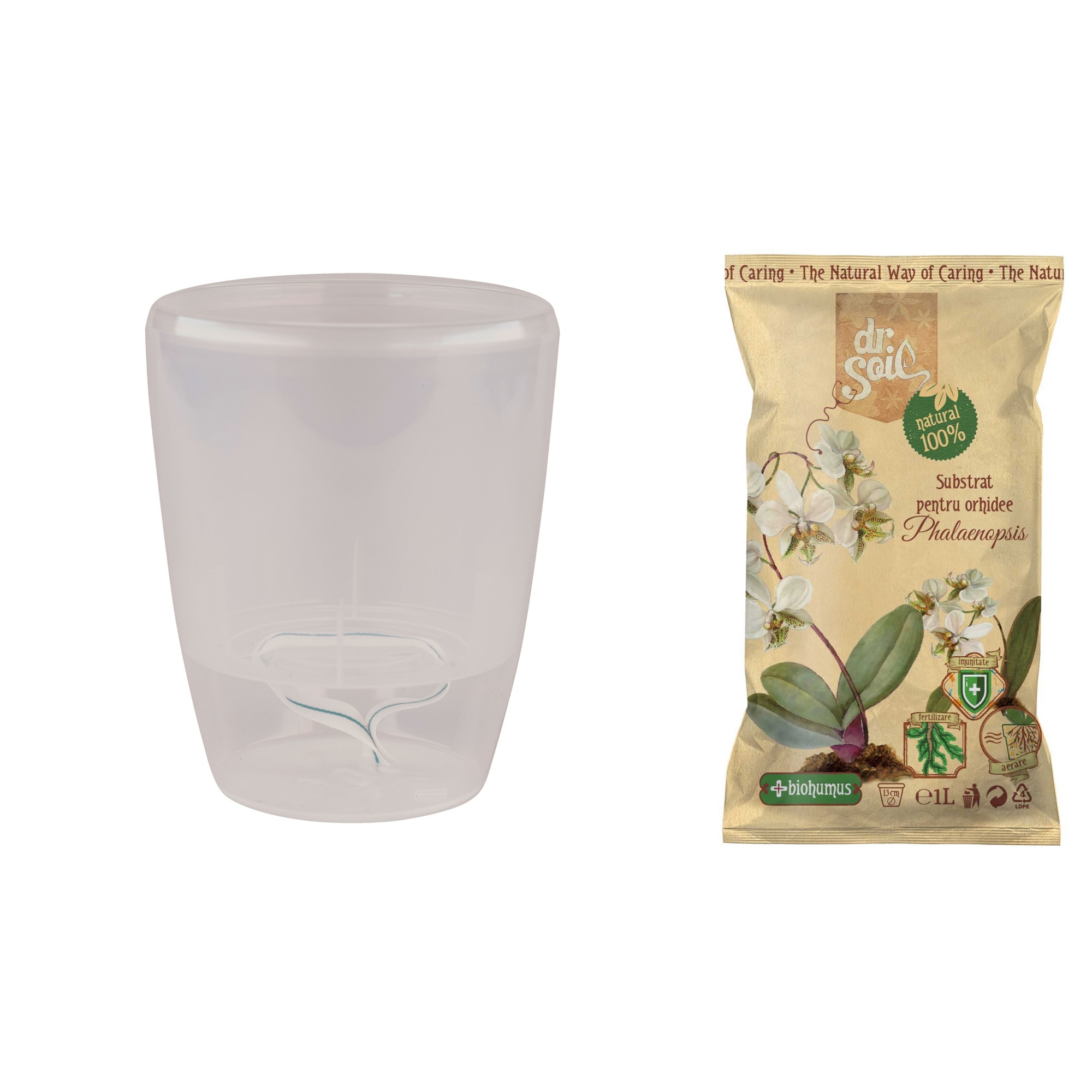 Set Ghiveci Orhideea TWIN 1.3L cu sistem de auto-udare, transparent si ...