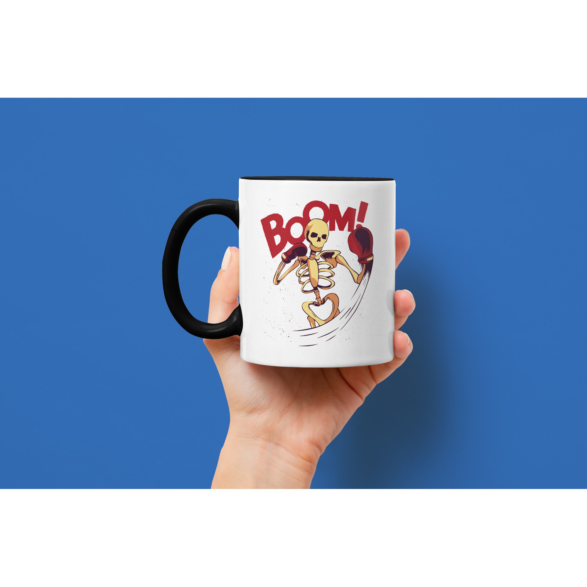 Cana Cu Schelete Uman Jucand Box, Text Boom!, Manusi Rosii Mari De ...