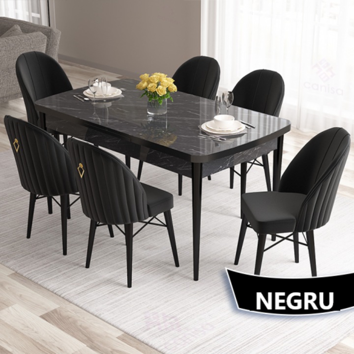 Set Masa Extensibila cu 6 scaune, Modella Elf negru cu masa neagra L ...