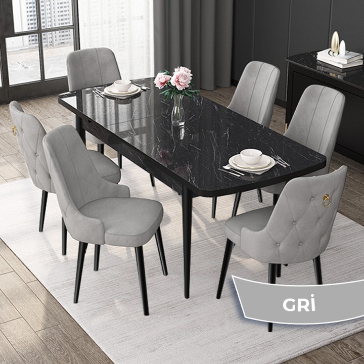 Set Masa Extensibila neagra cu 6 scaune, Modella Nex gri L 170, l 80, h 77 cm - eMAG.ro