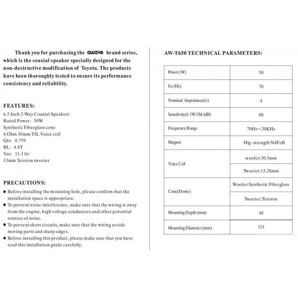 Difuzoare auto, Awave, AWT650, 50 W RMS, 4 OHM, Pentru Toyota/Citroen ...