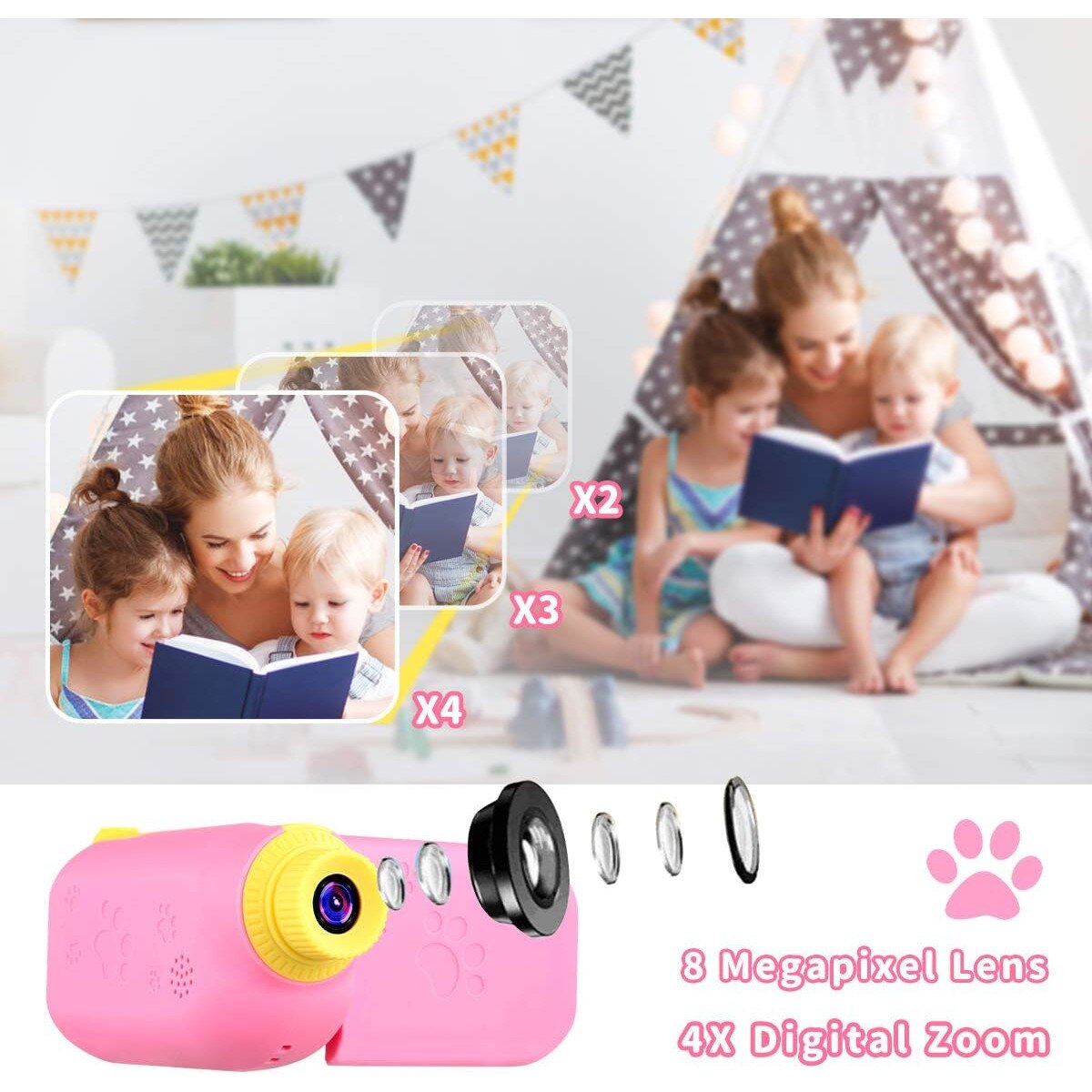 Camera video digitala pentru copii, 3-10 ani, card SD 32G, Roz - eMAG.ro