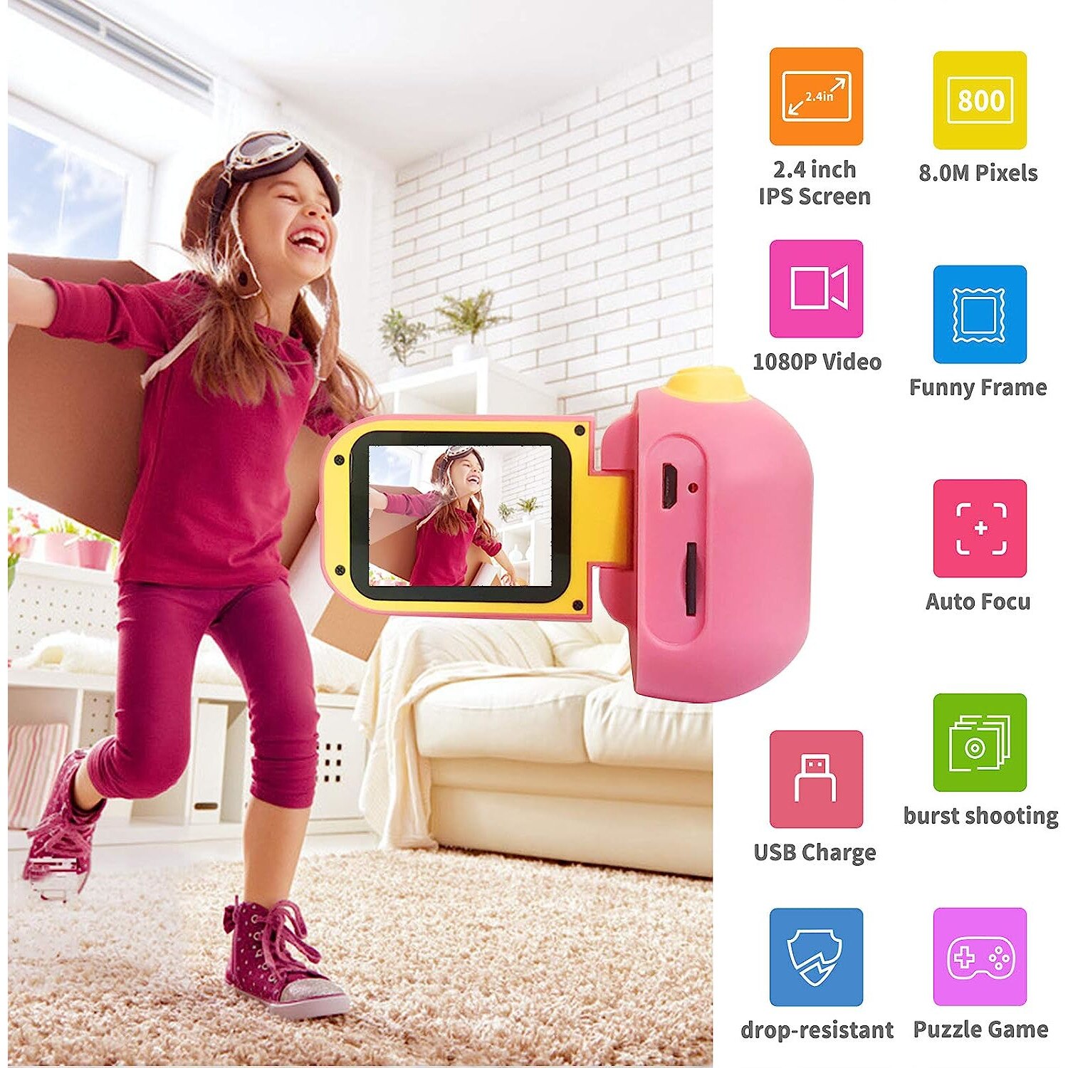 Camera video digitala pentru copii, 3-10 ani, card SD 32G, Roz - eMAG.ro