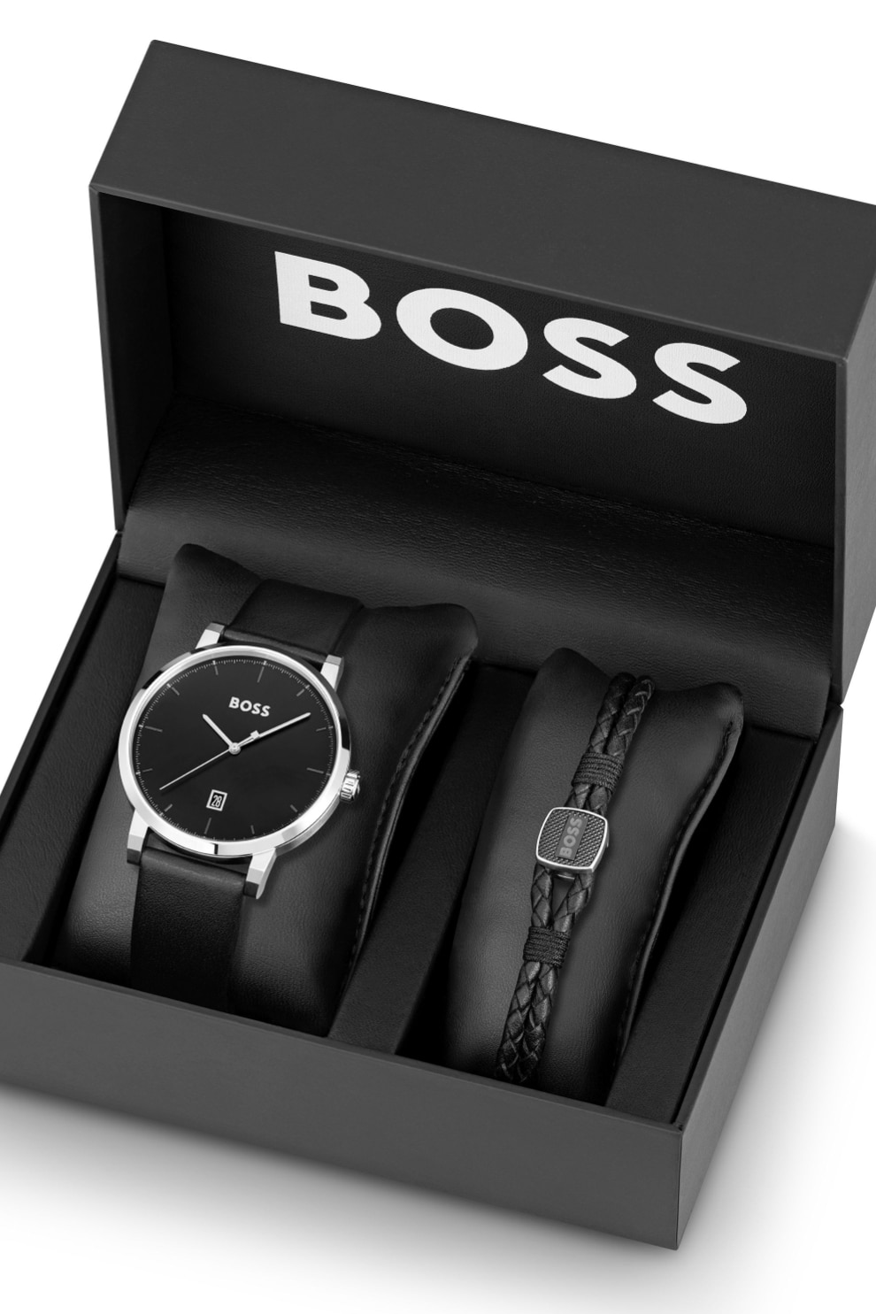 BOSS, Set de ceas quartz si bratara de piele cu design impletit, Negru ...