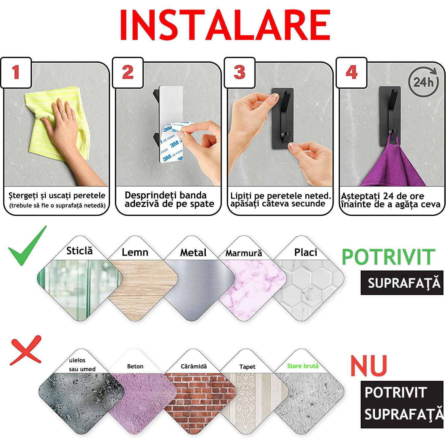 Set 4 Carlige tip cuier baie pentru prosop, BYONDSELF®, inox, montare ...