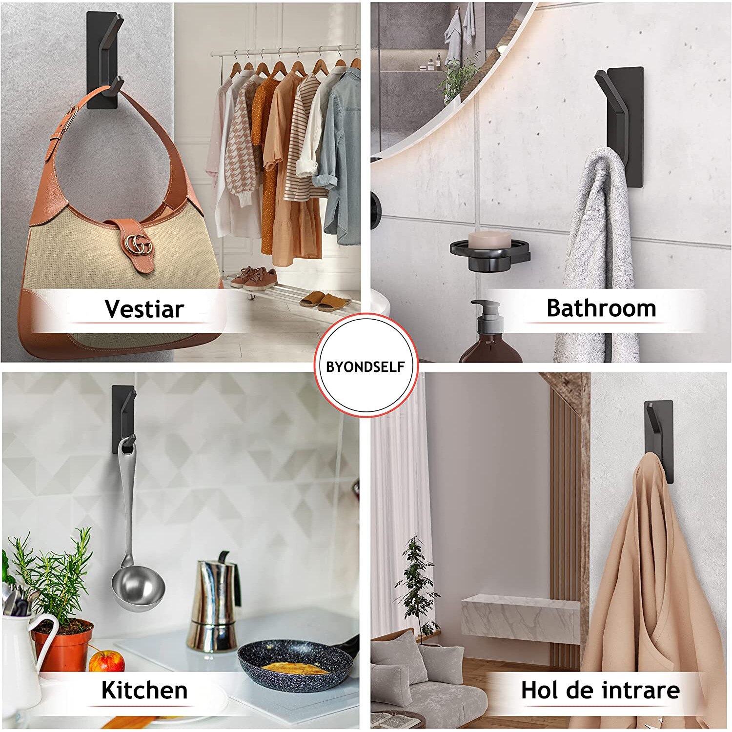 Set 4 Carlige tip cuier baie pentru prosop, BYONDSELF®, inox, montare ...
