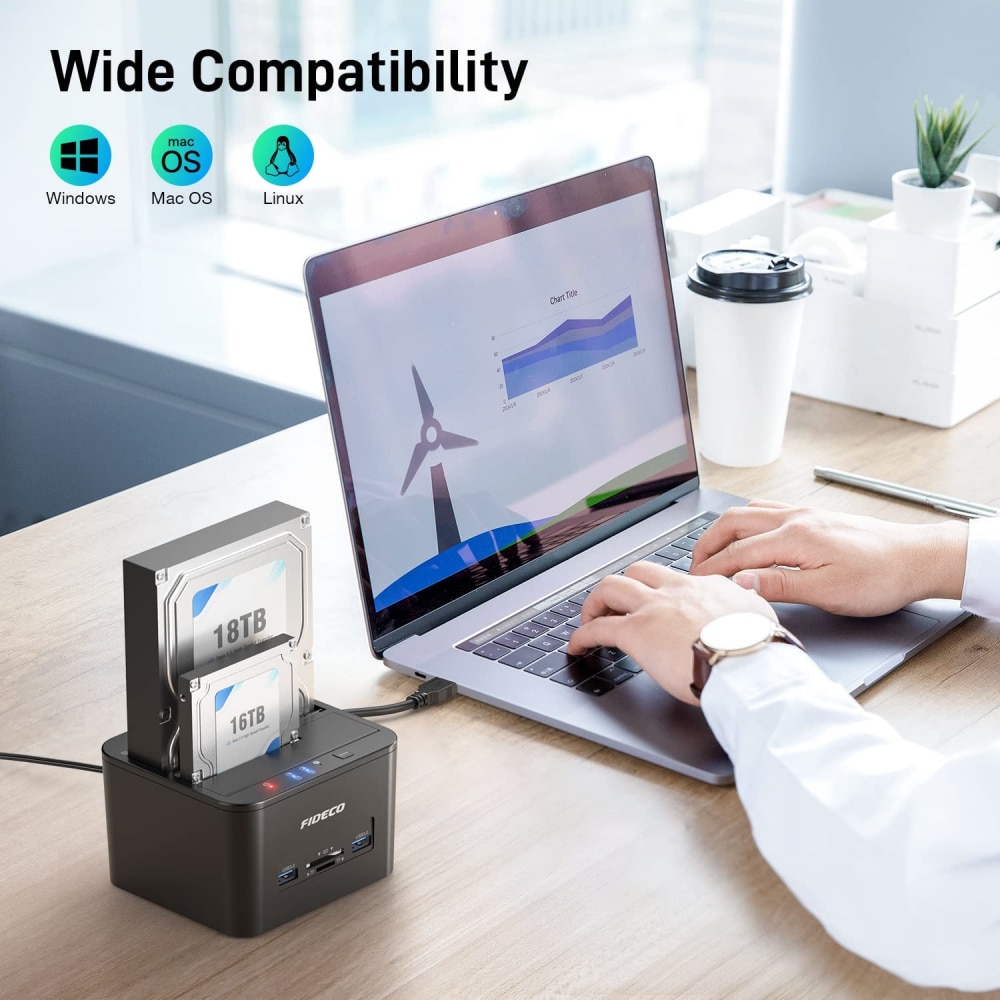 Докинг станция за два хард диска, FIDECO, USB 3.0, Съвместима със SATA ...