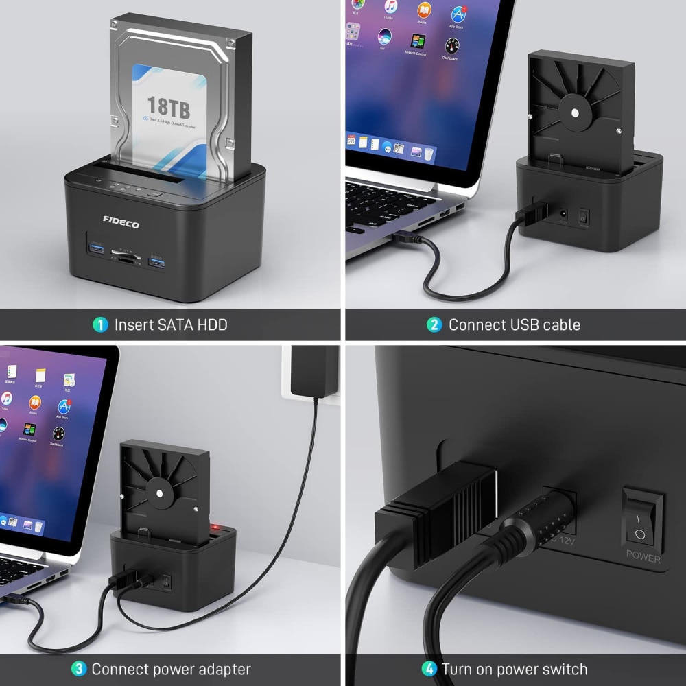 Докинг станция за два хард диска, FIDECO, USB 3.0, Съвместима със SATA ...