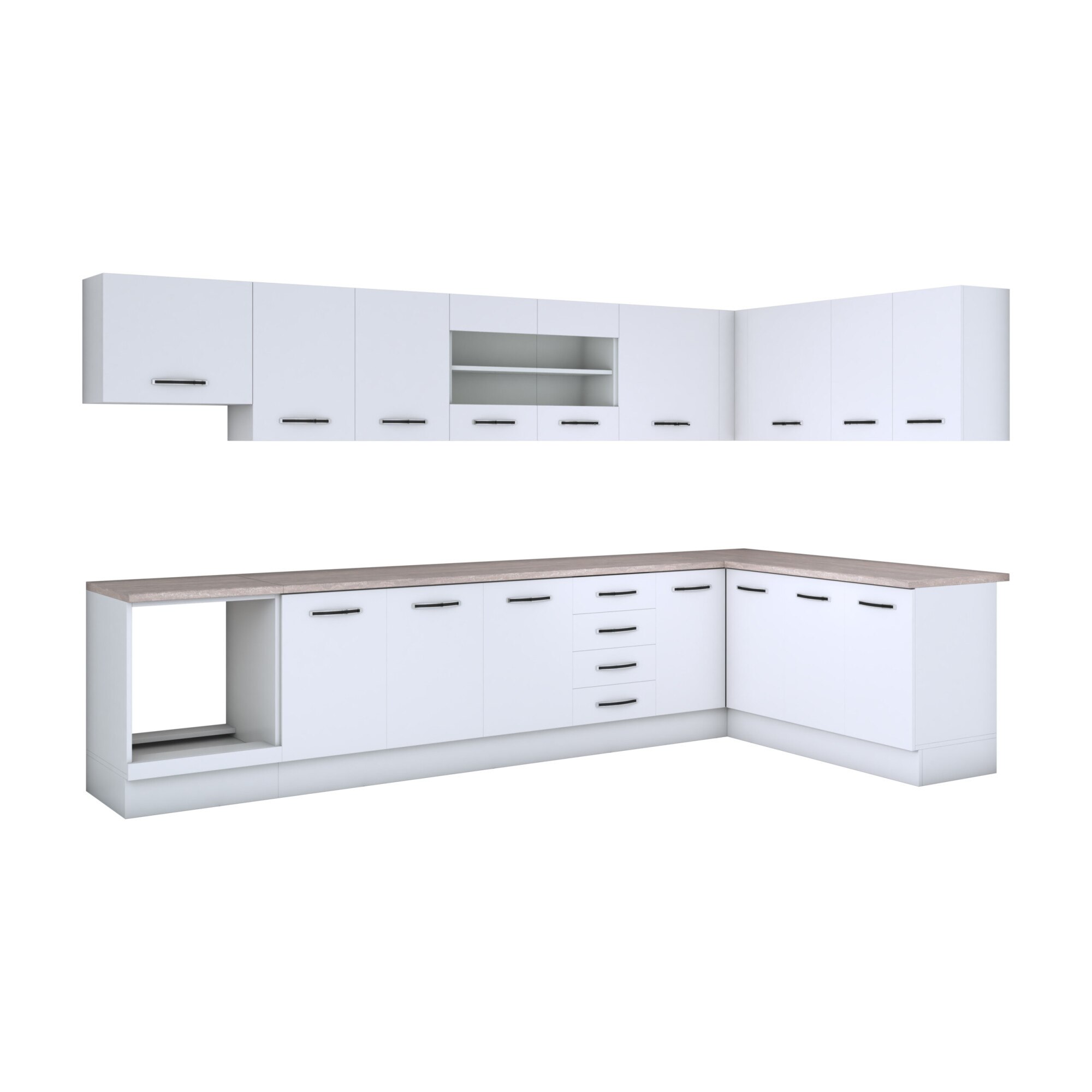 Bucatarie de colt Alfa, corp hota, corp cuptor, cu vitrina, alb, blat ...