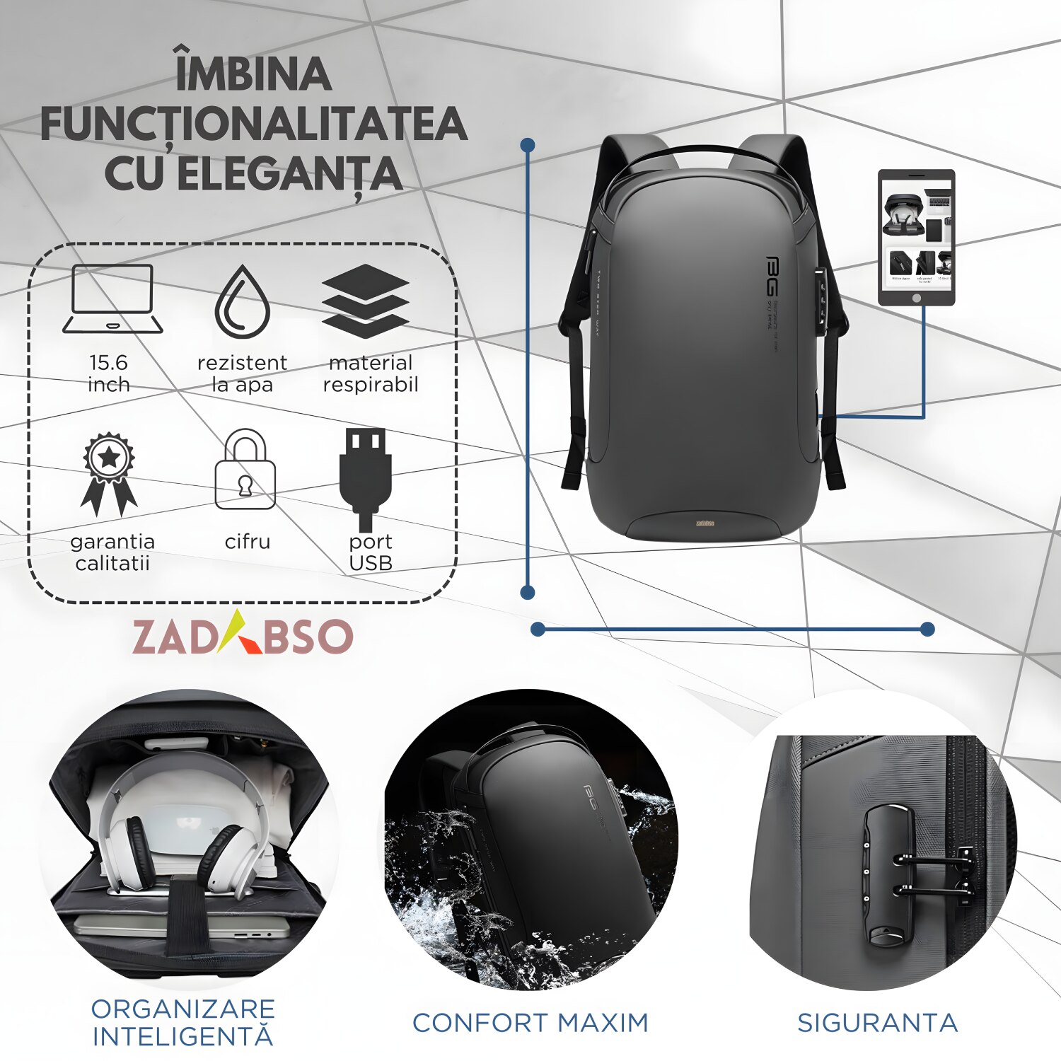 Rucsac Laptop, Zadabso® 15.6 inch, Smart Casual, Antifurt, Hard Shell ...