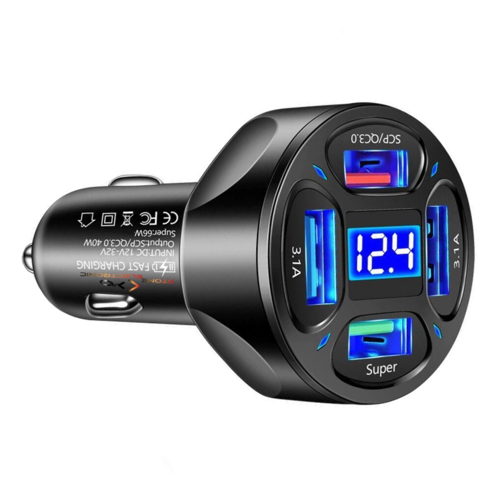 Incarcator Fast Charging Smart Auto, 66W cu 4 USB, Stone, afisare ...