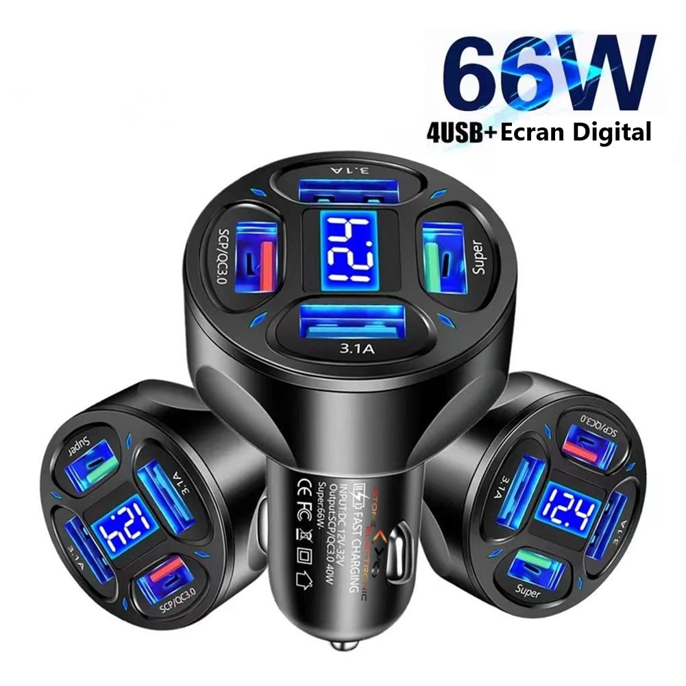 Incarcator Fast Charging Smart Auto, 66W cu 4 USB, Stone, afisare ...