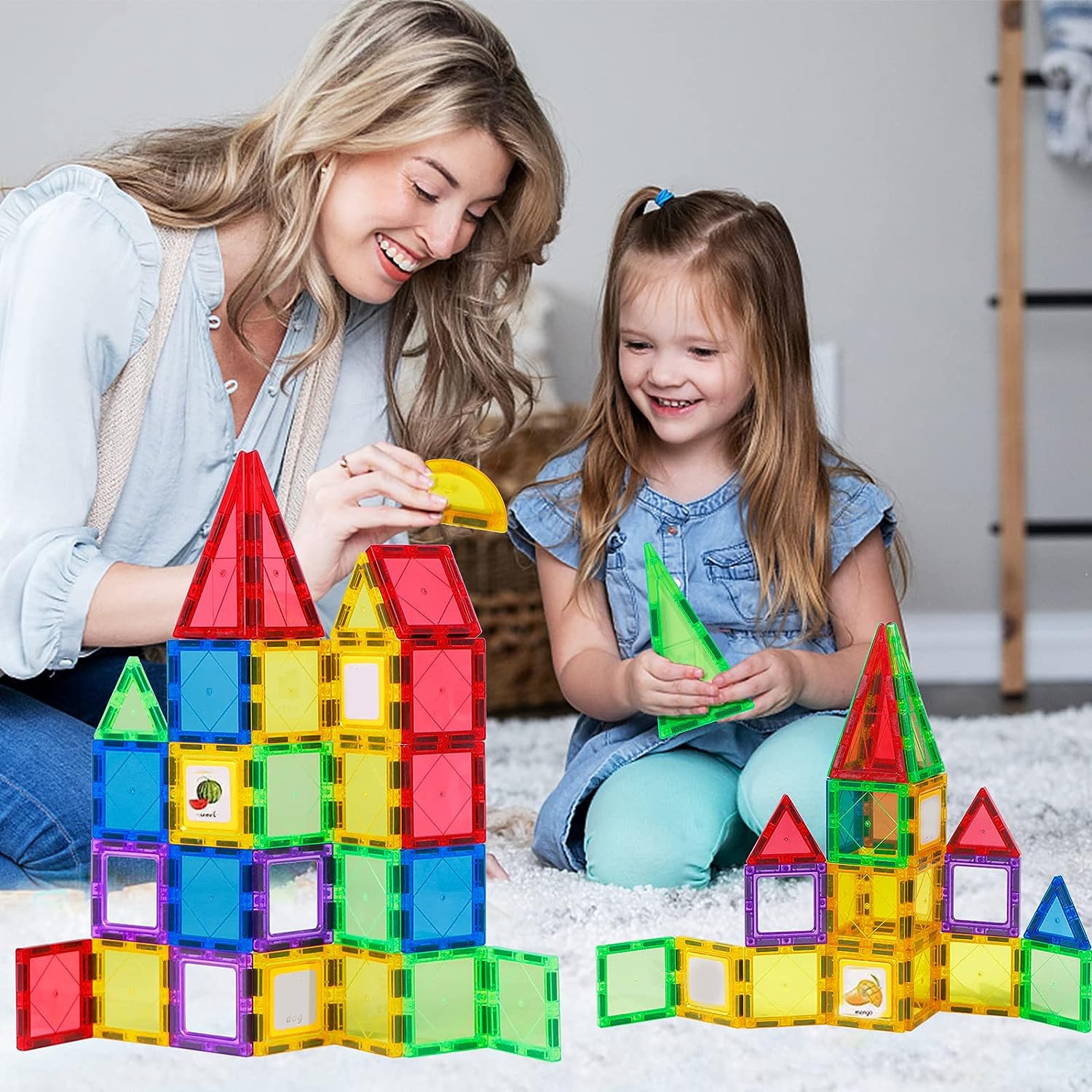 Set inteligent de constructie cu placi magnetice, 54 piese colorate ...