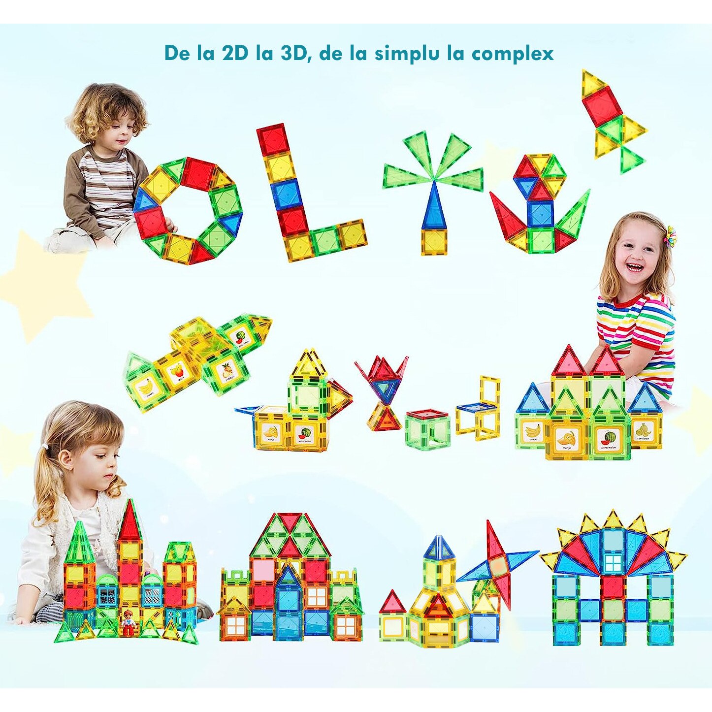 Set inteligent de constructie cu placi magnetice, 54 piese colorate ...
