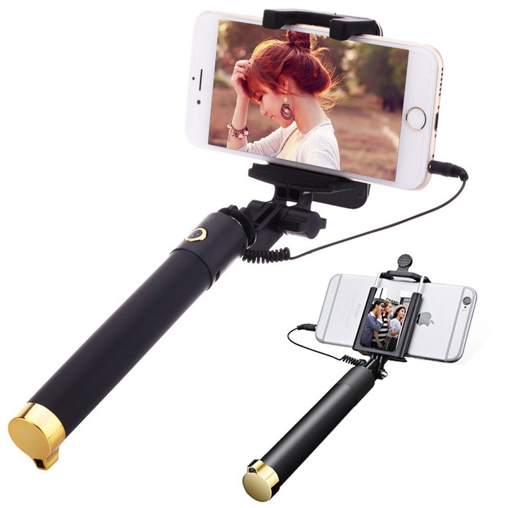 Selfie stick, Grip Foto, Bat telescopic, Cablu jack, Negru - eMAG.ro