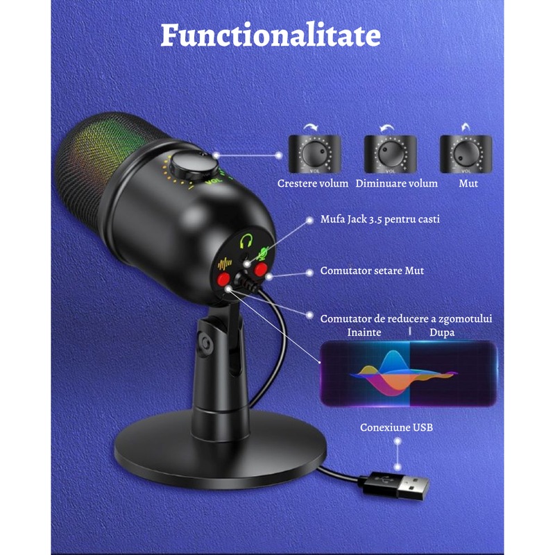 Microfon streaming USB, MOGODA, Inregistrari, Live, Compatibil Windows ...